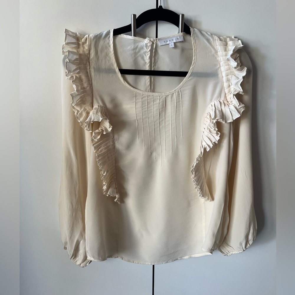 Sandro Cream Ruffle Detail Blouse Long Sleeve 100% Si… - Gem